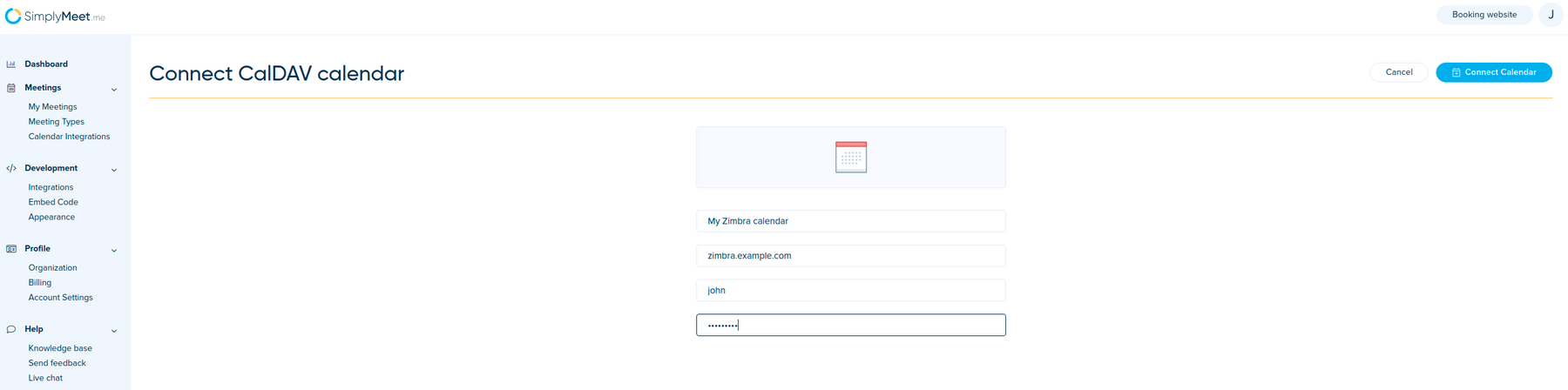How to connect Zimbra Calendar - SimplyMeet.me